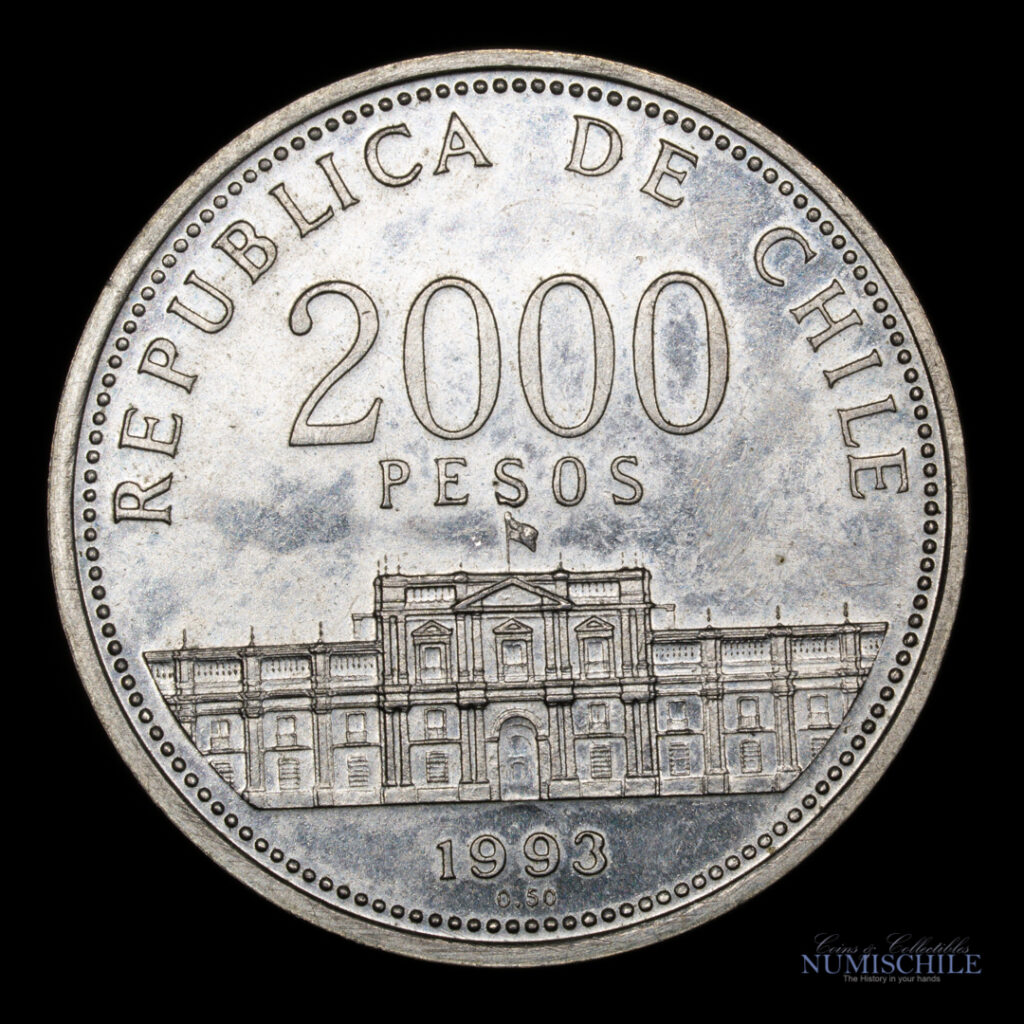 Chile, 2000 Pesos 1993, Conmemorativa de los 250 años de Casa de Moneda ...